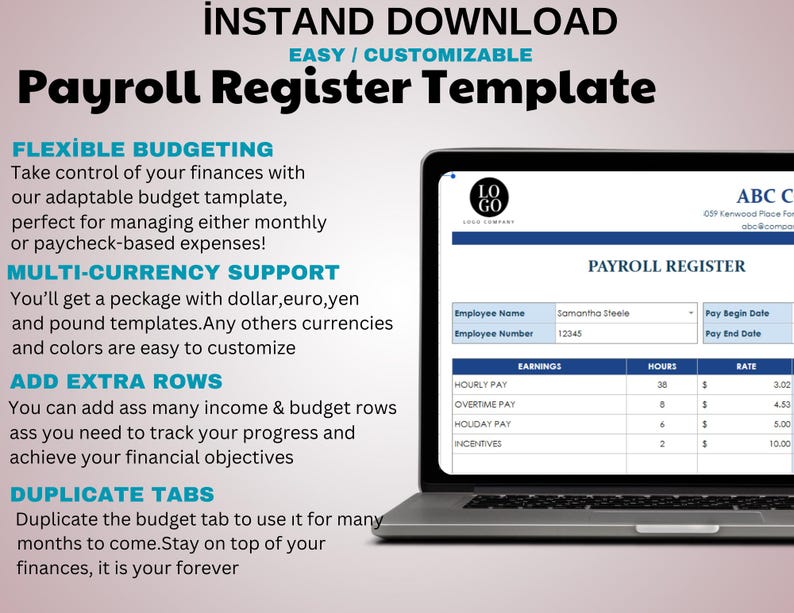 Payroll Register Template, Editable Excel & Google Sheets, Employee ...