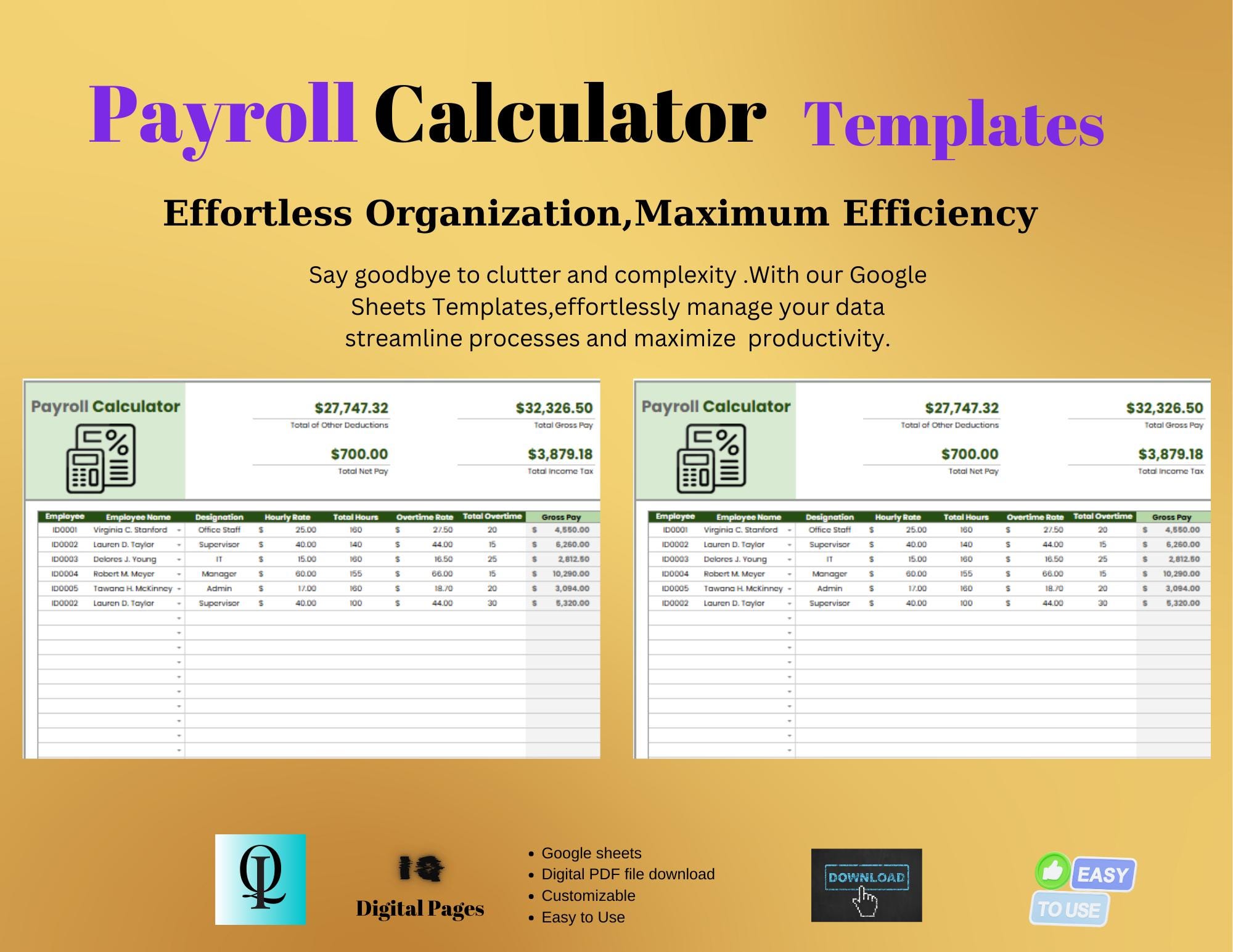 Payroll Calculator Template: Editable Google Sheets (digital Download ...