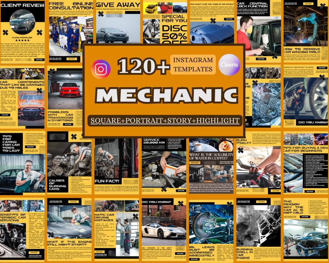 Mechanic Instagram Templates: Auto Repair Canva Social Media (digital ...