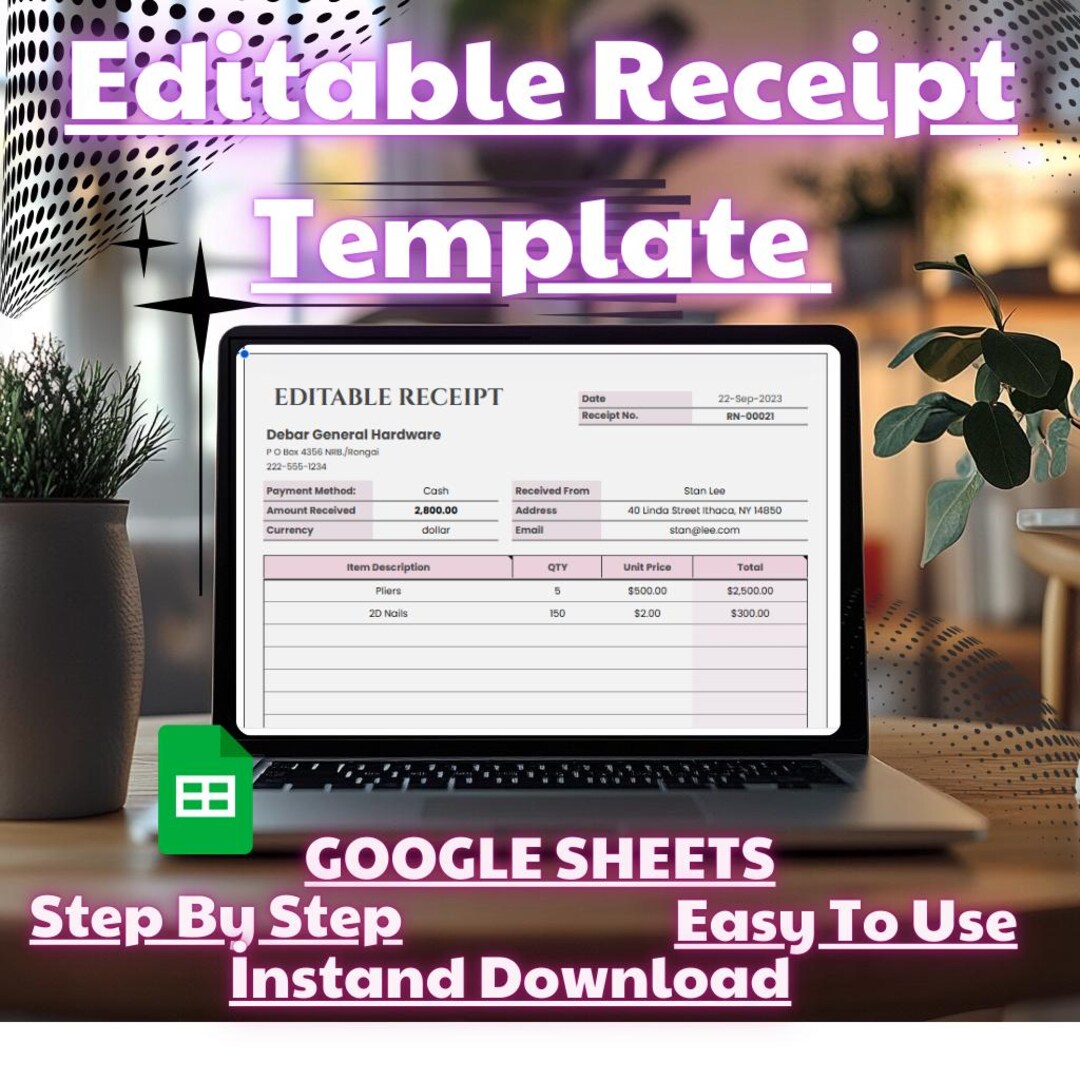 Editable Receipt Template, Google Sheets, Easy to Use Digital Download ...