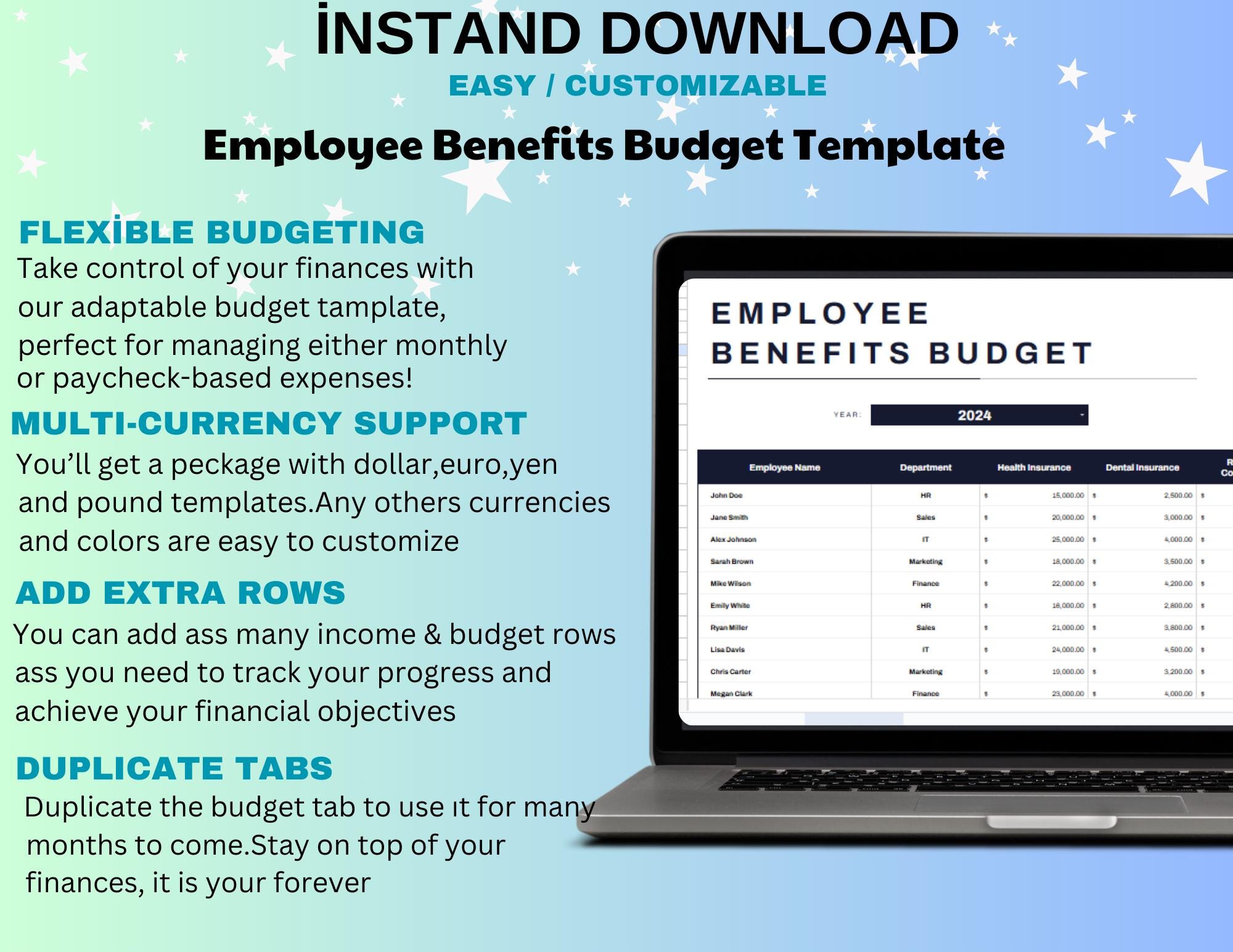 Employee Benefits Budget Template: Editable Google Sheets (digital ...