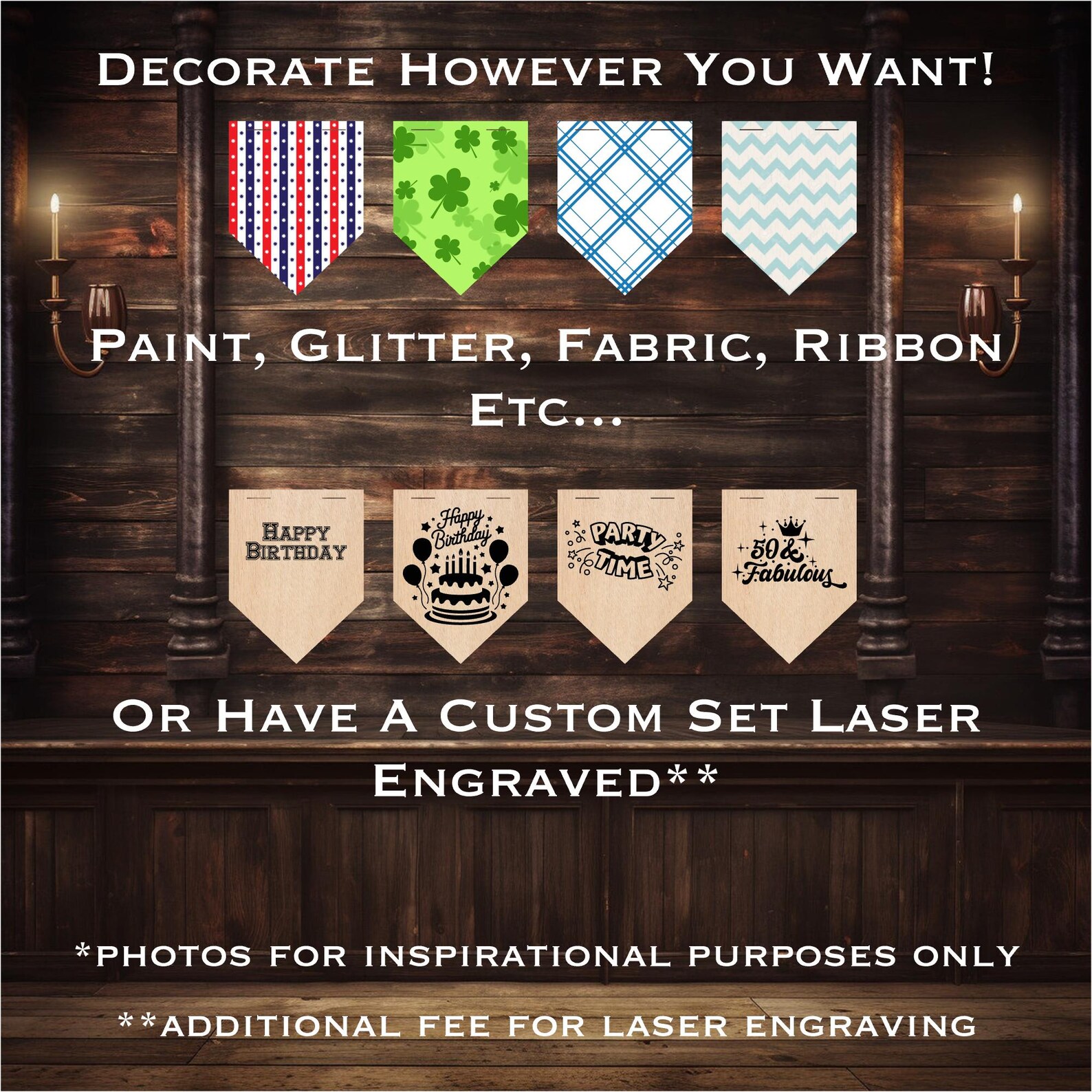 Laser Cut Banner – DIY Blank Pennant Set of 8 – 3 Shapes – Unfinished ...