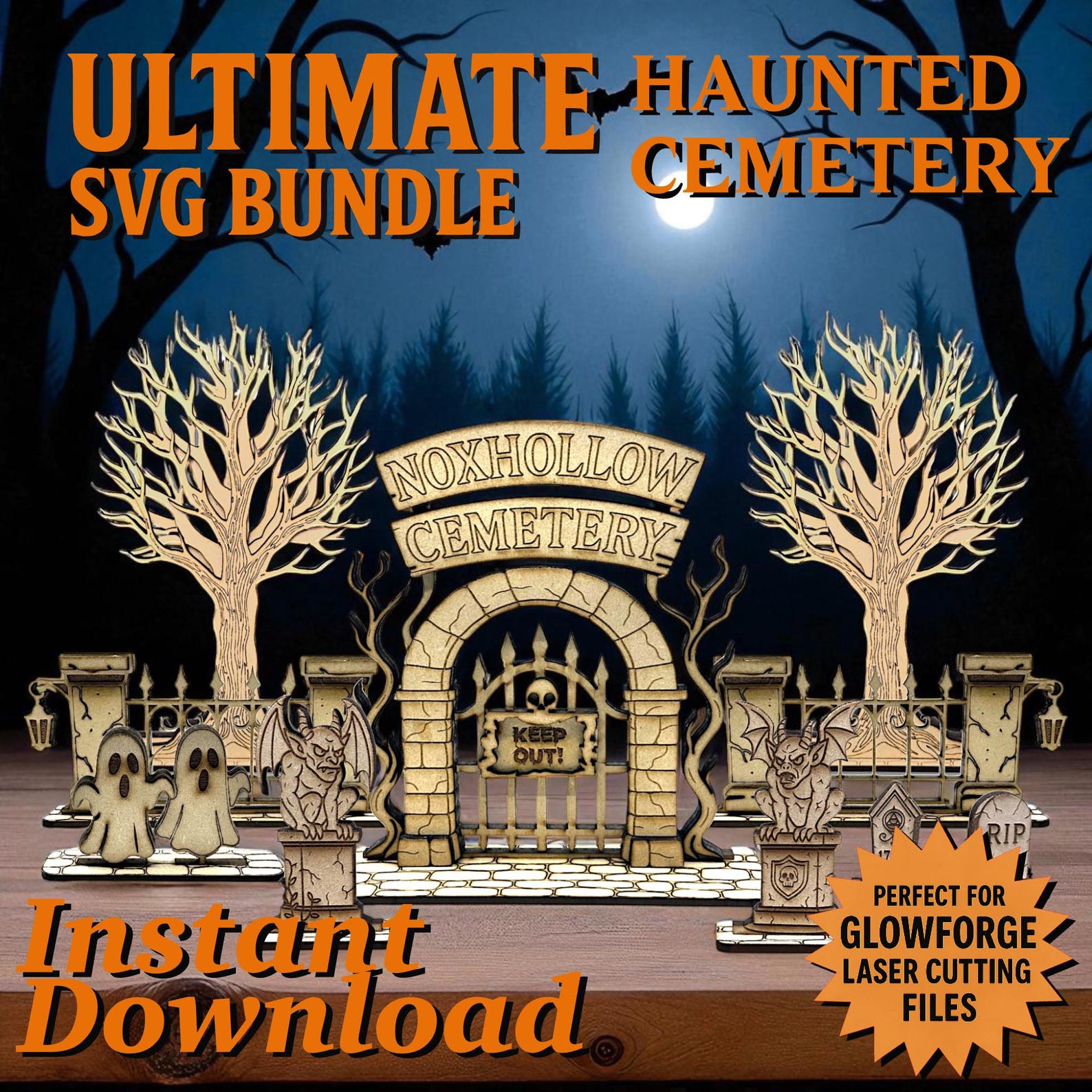 Haunted Cemetery SVG: Halloween Graveyard Scene - Laser Cut Files - Etsy
