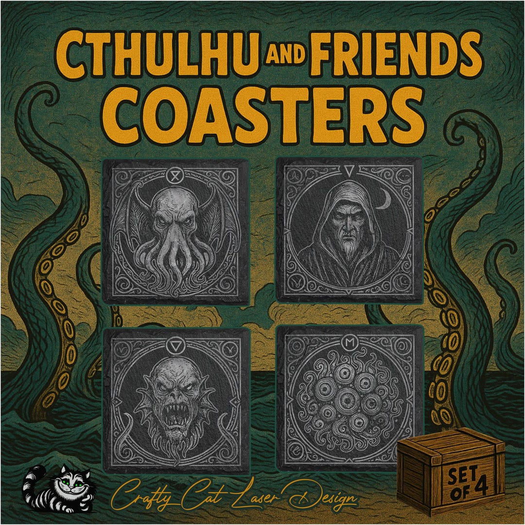 Lovecraft Gift - Cthulhu Coaster Set - Laser Engraved Barware - Horror ...