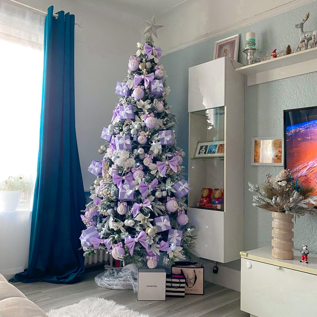 Luxury Christmas Tree Decor Set, Purple Ornaments With Satin Bows and ...
