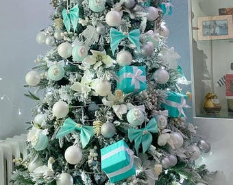 Set of 6 Christmas Tree Boxes Ornaments, Aqua Blue Crystal Decor ...