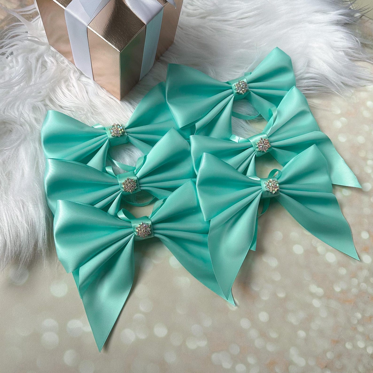 Christmas Tree Bow Light Aqua Blue Satin Bow Crystal Decor Christmas ...