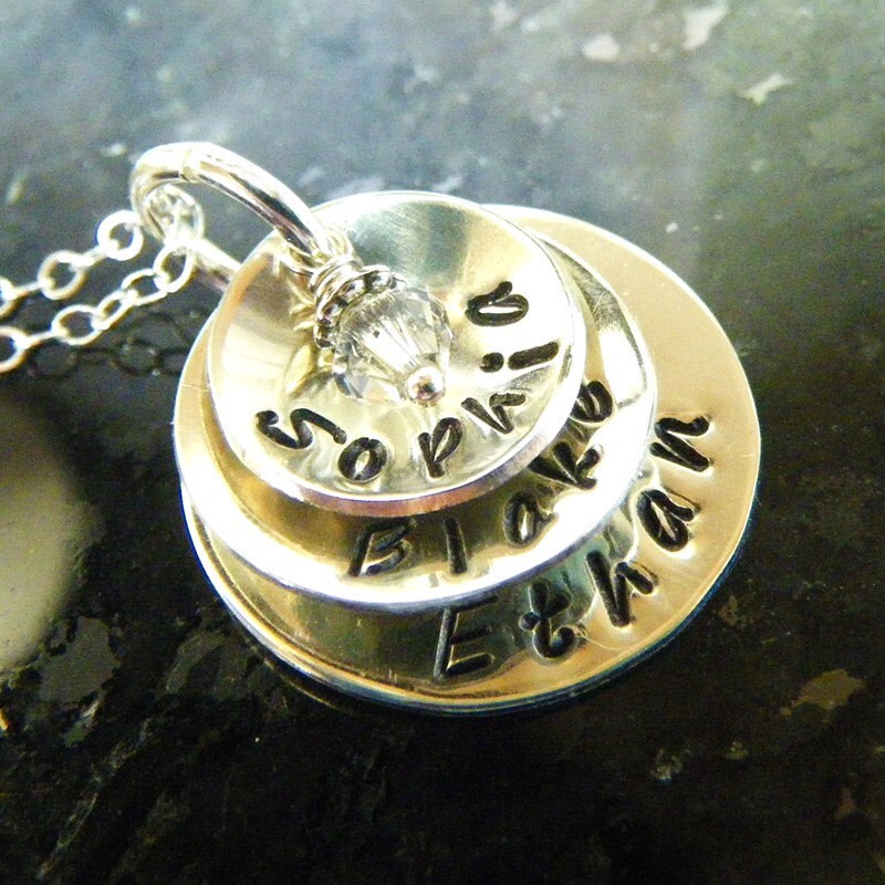Stamped Disc Necklace Sterling Silver Stacked Discs - Three Names- Mom ...