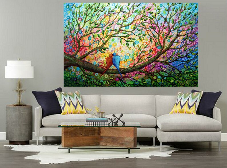 Happy Couple Oil Painting: Colorful Birds on Tree, Large Canvas Art - Etsy