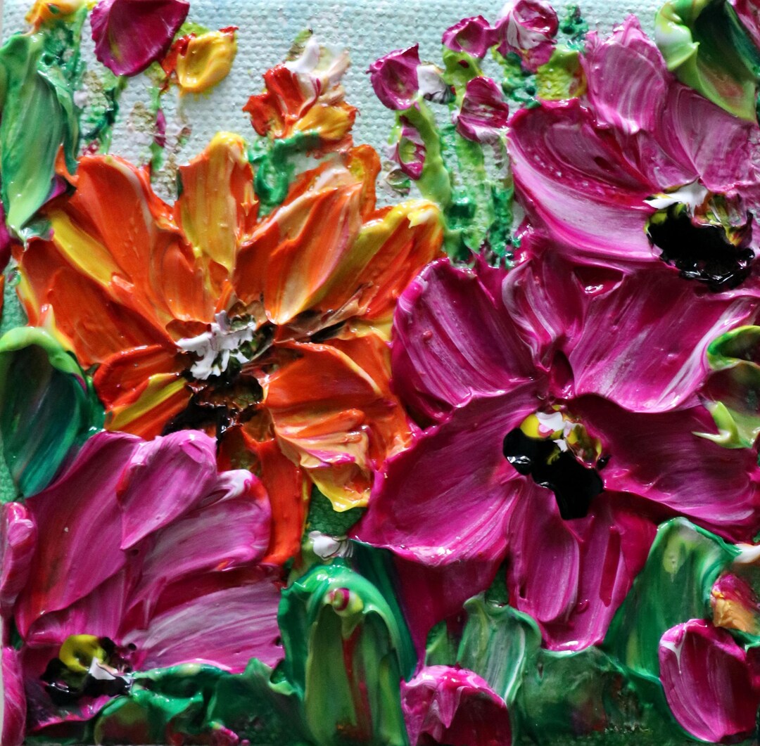 Mini Painting Fall Flowers Oil Impasto on Canvas, Colorful 4x4 Original ...