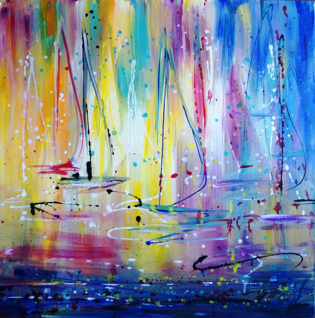 OCEAN SUNSET Hawaii Beach Abstract Boats Painting Colorful Rainbow ...