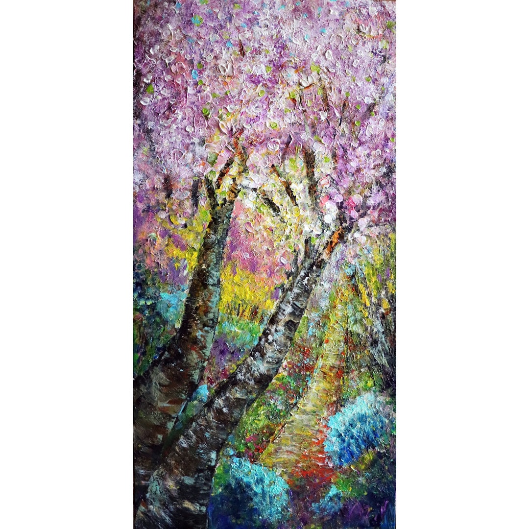 SPRING PARK Cherry Trees in Bloom, Bees , Butterflies Original Oil ...