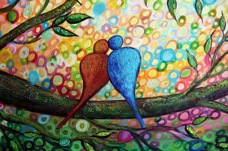Happy Couple Oil Painting: Colorful Birds on Tree, Large Canvas Art - Etsy
