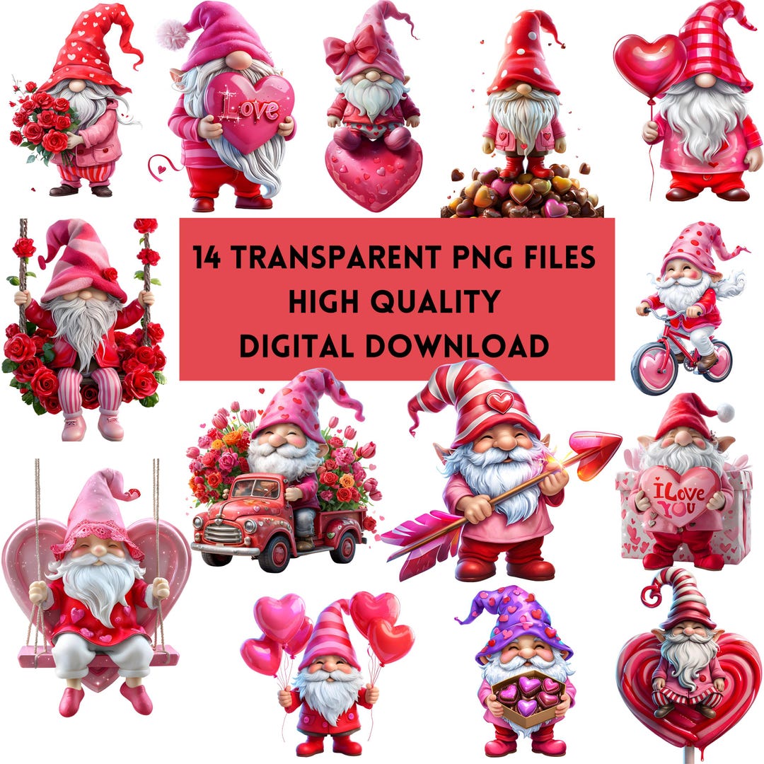 14 Valentine Gnome PNG Clipart, Valentine Clip Art Bundle, Valentine ...