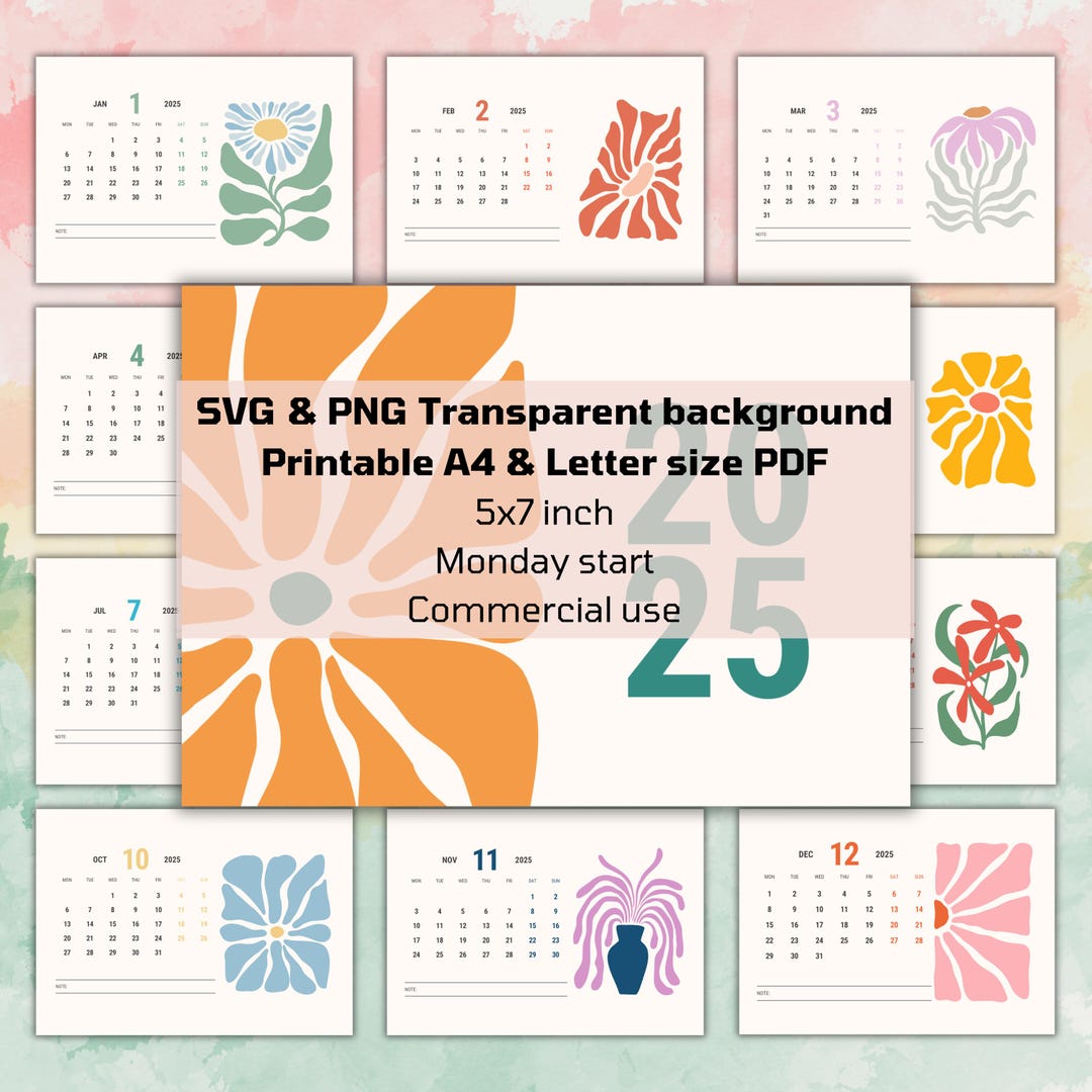 Printable 2025 Calendar, Transparent SVG & PNG Monthly Calendar, 2025 ...