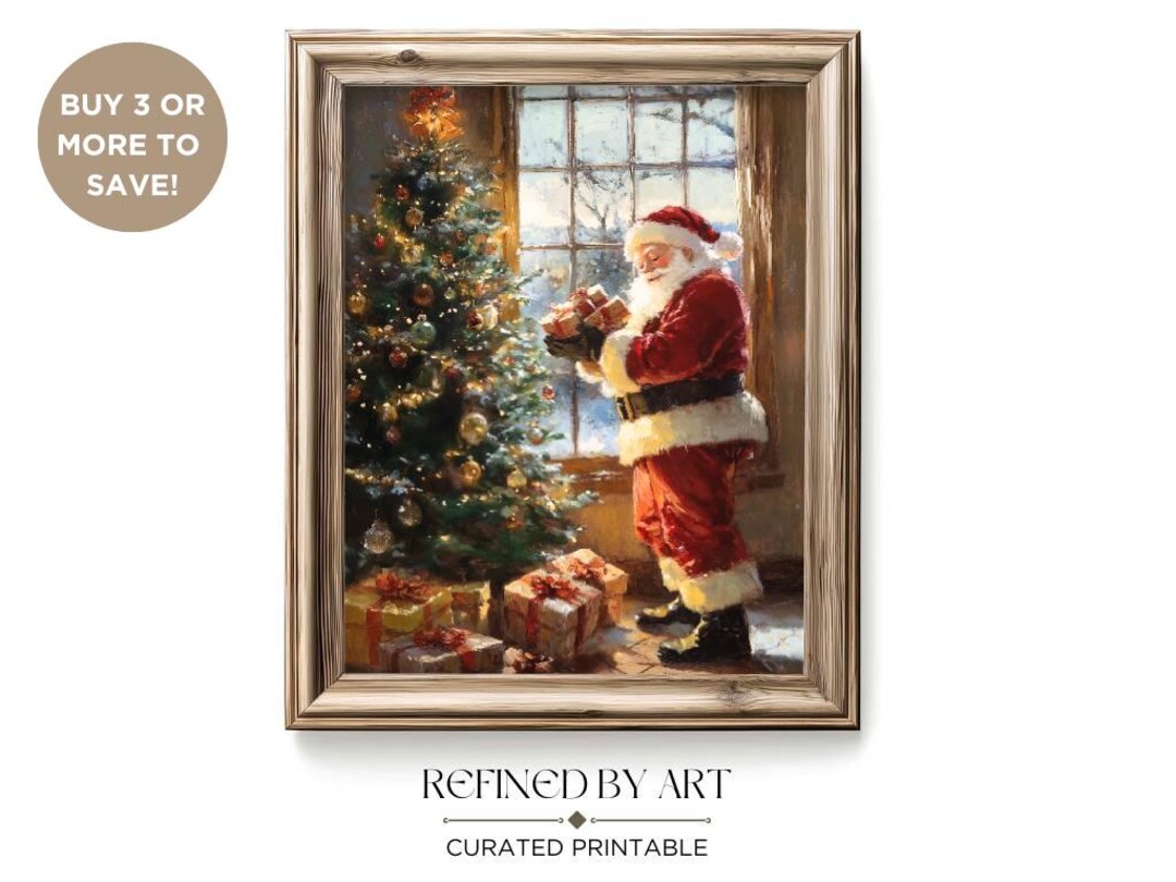 Vintage Santa Claus Christmas Digital Art, Cozy Holiday Oil Painting ...