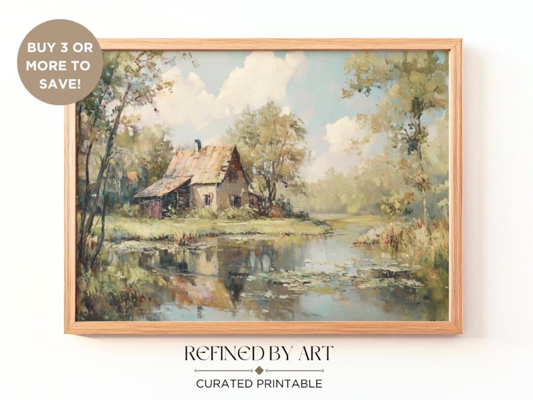Rustic Charm With Serene Reflection Print, Tranquil Cottage by Calm ...