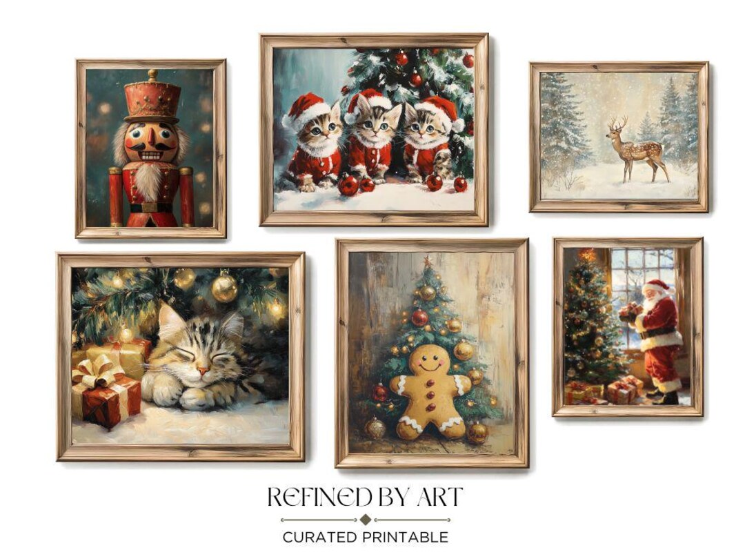 Vintage Christmas Art Collection, Cheerful Holiday Digital Wall Art ...