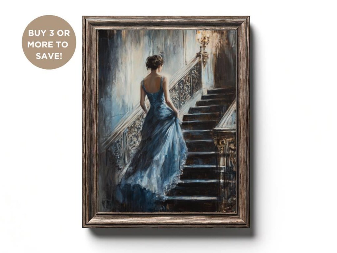 Vintage Woman in Blue Dress Oil Painting, Mansion Staircase Art ...
