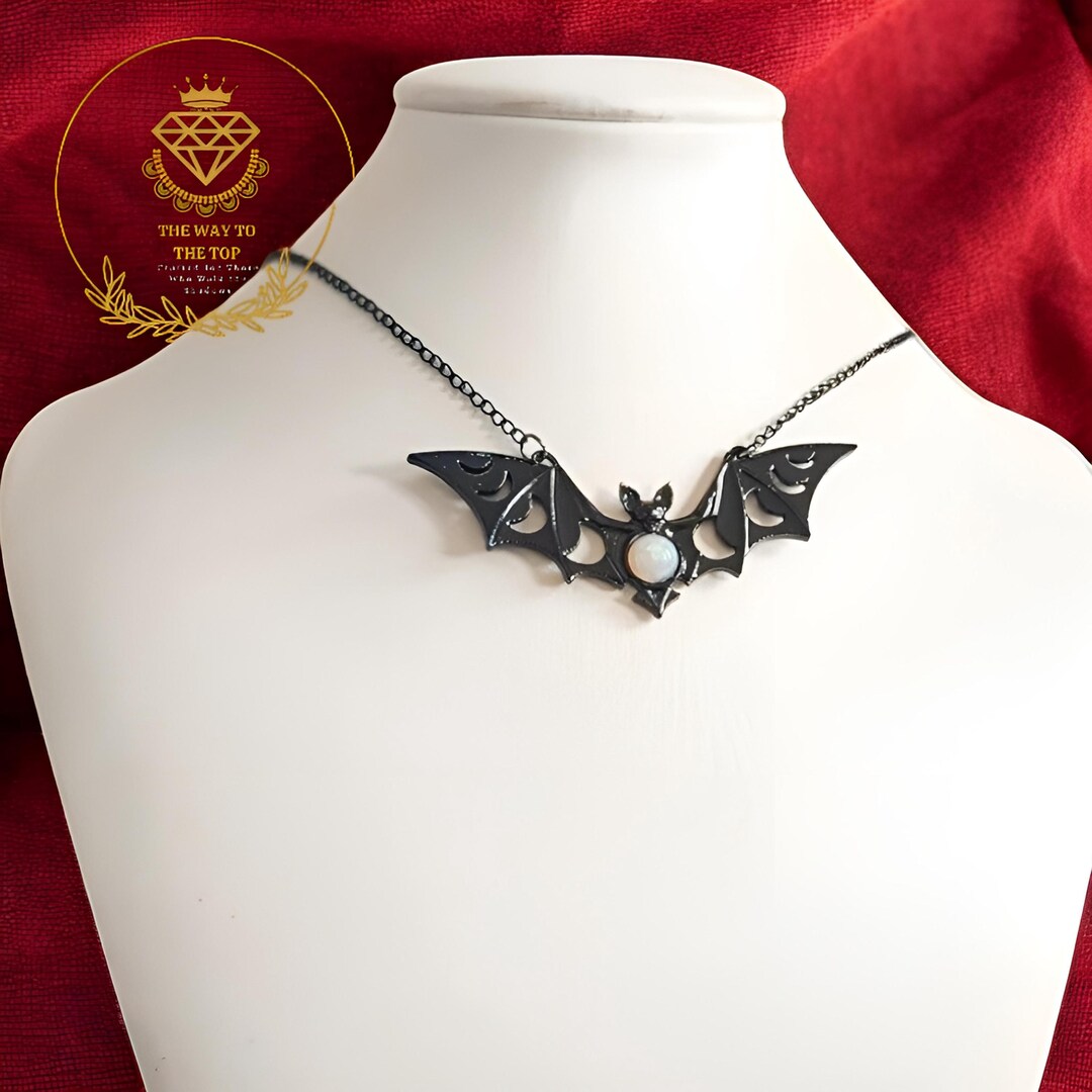 Gothic Bat Necklace With Colorful Gemstone - Silver & Black Statement ...