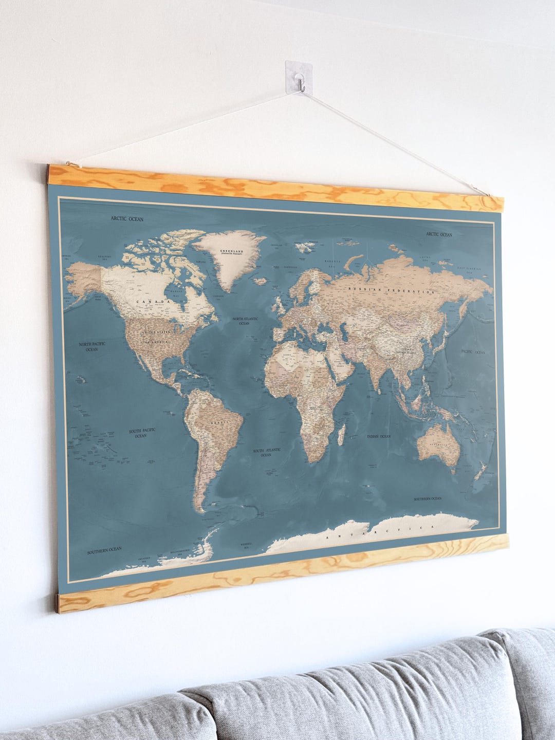 Detailed World Map Canvas Wooden Hangers, Pull Down Chart, Personalized ...