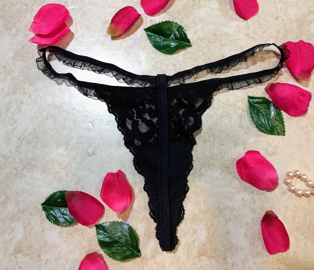 G-string Thong Panties in Black Stretch Lace With Ruffled Elastic - Etsy