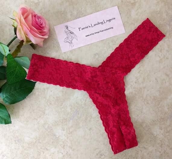 Crotchless Thong Panties In Rose Red Stretch Lace Etsy