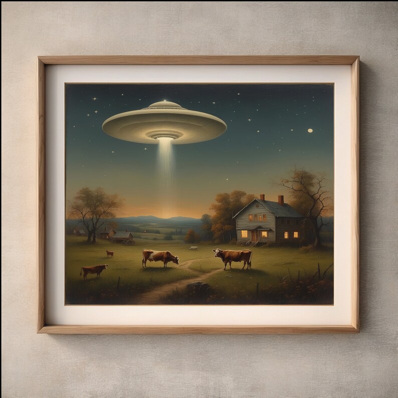 Vintage UFO Cow Abduction Art Print Whimsical Alien Farmhouse Scene ...