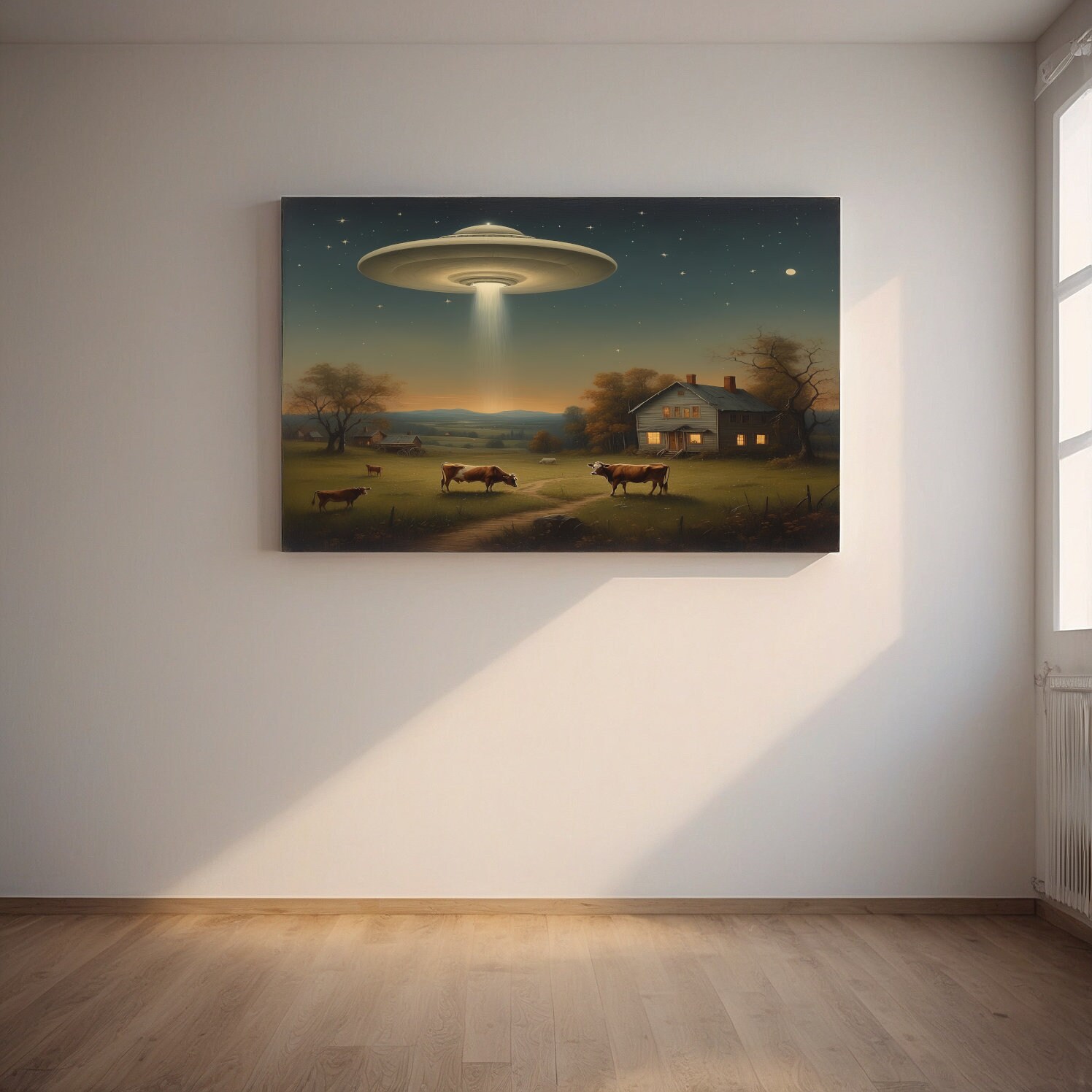 Vintage UFO Cow Abduction Art Print Whimsical Alien Farmhouse Scene ...