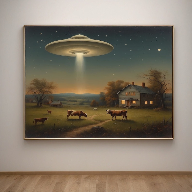 Vintage UFO Cow Abduction Art Print Whimsical Alien Farmhouse Scene ...