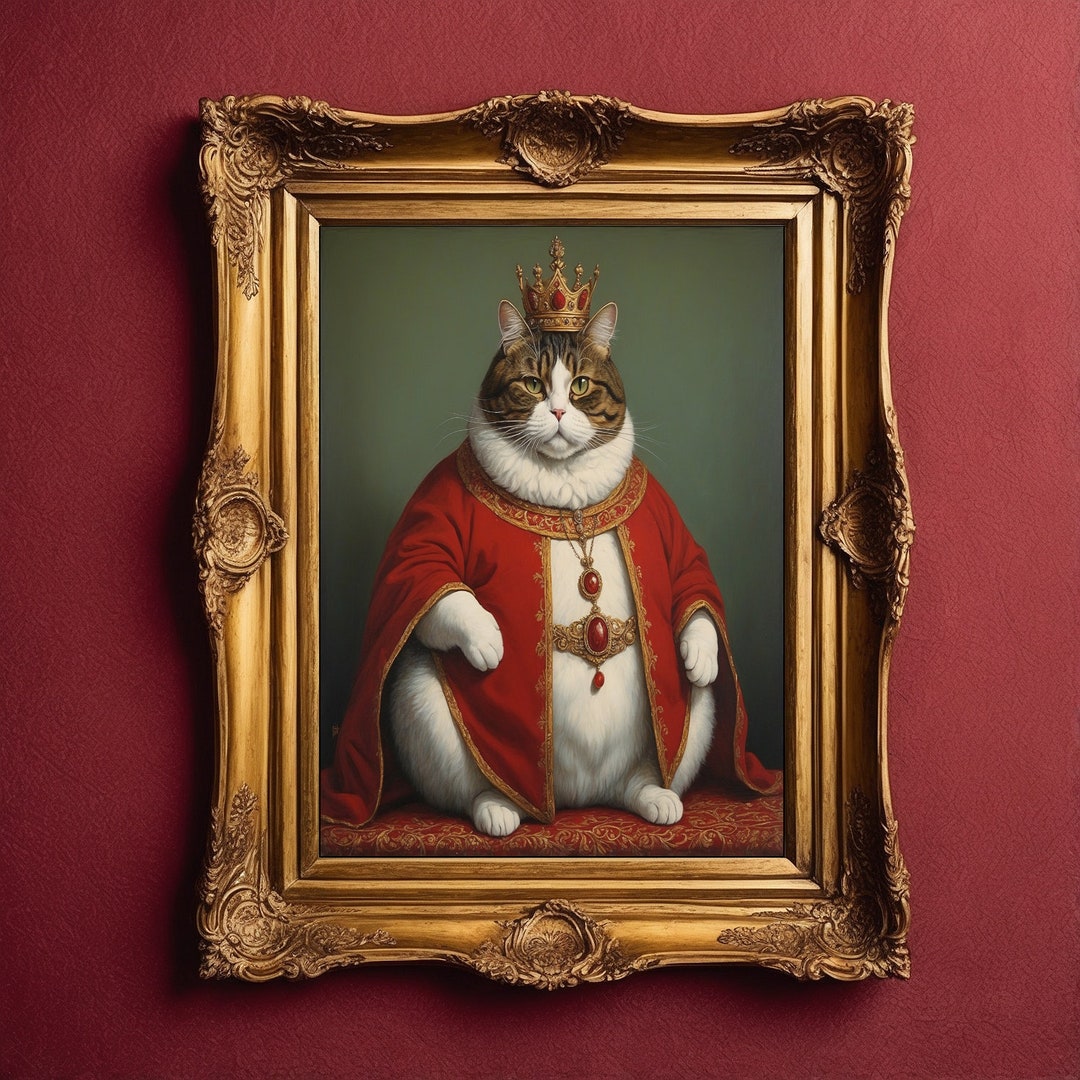 Royal Fat Cat Portrait in Red Robe Majestic Fat Cat Art Feline King ...