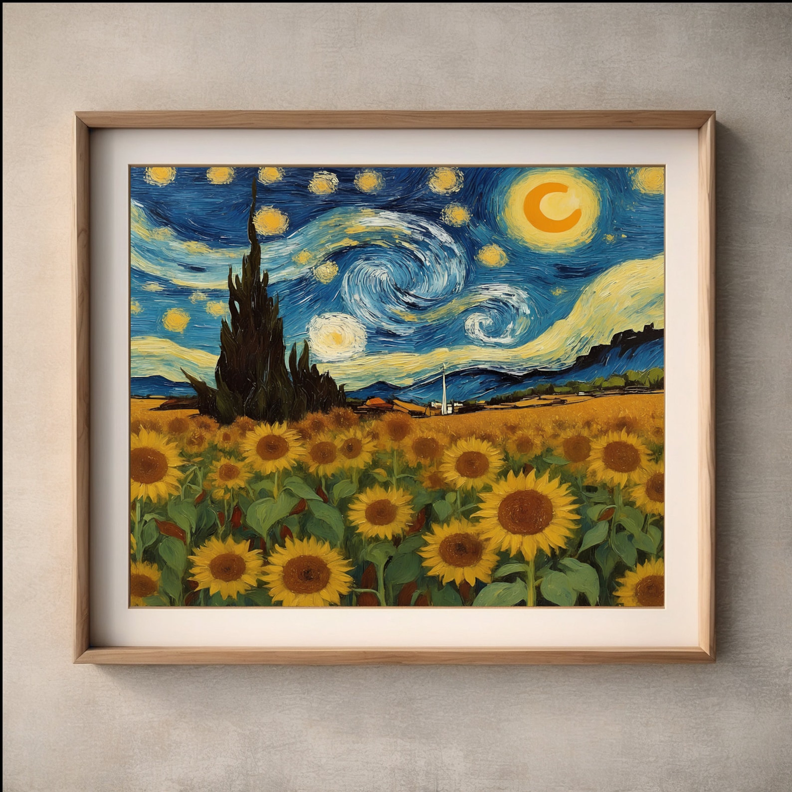 Van Gogh Starry Night and Sunflowers Art Print | Whimsical Sunflower ...