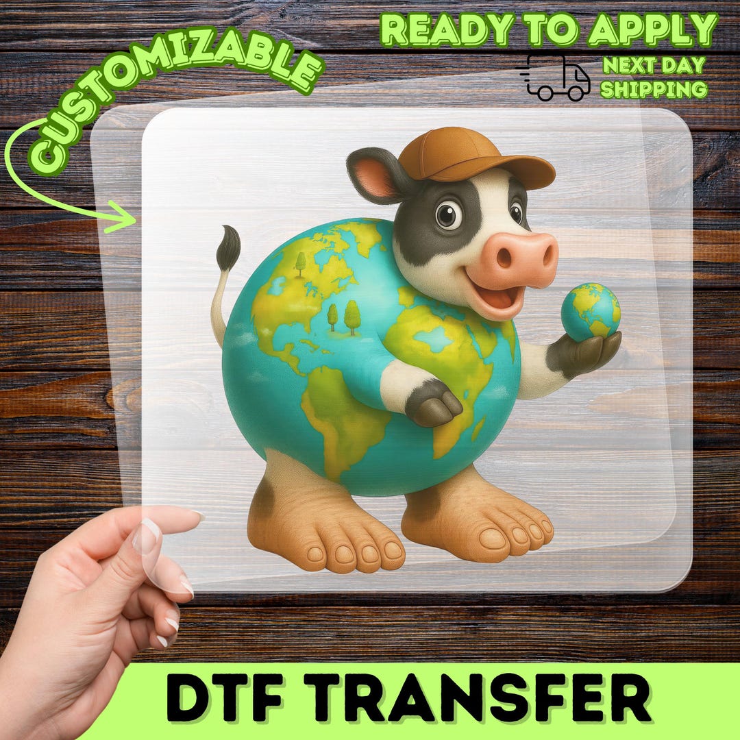 Cartoon Cow Earth Humor DTF Transfer, Eco-friendly Meme Heat Transfer ...