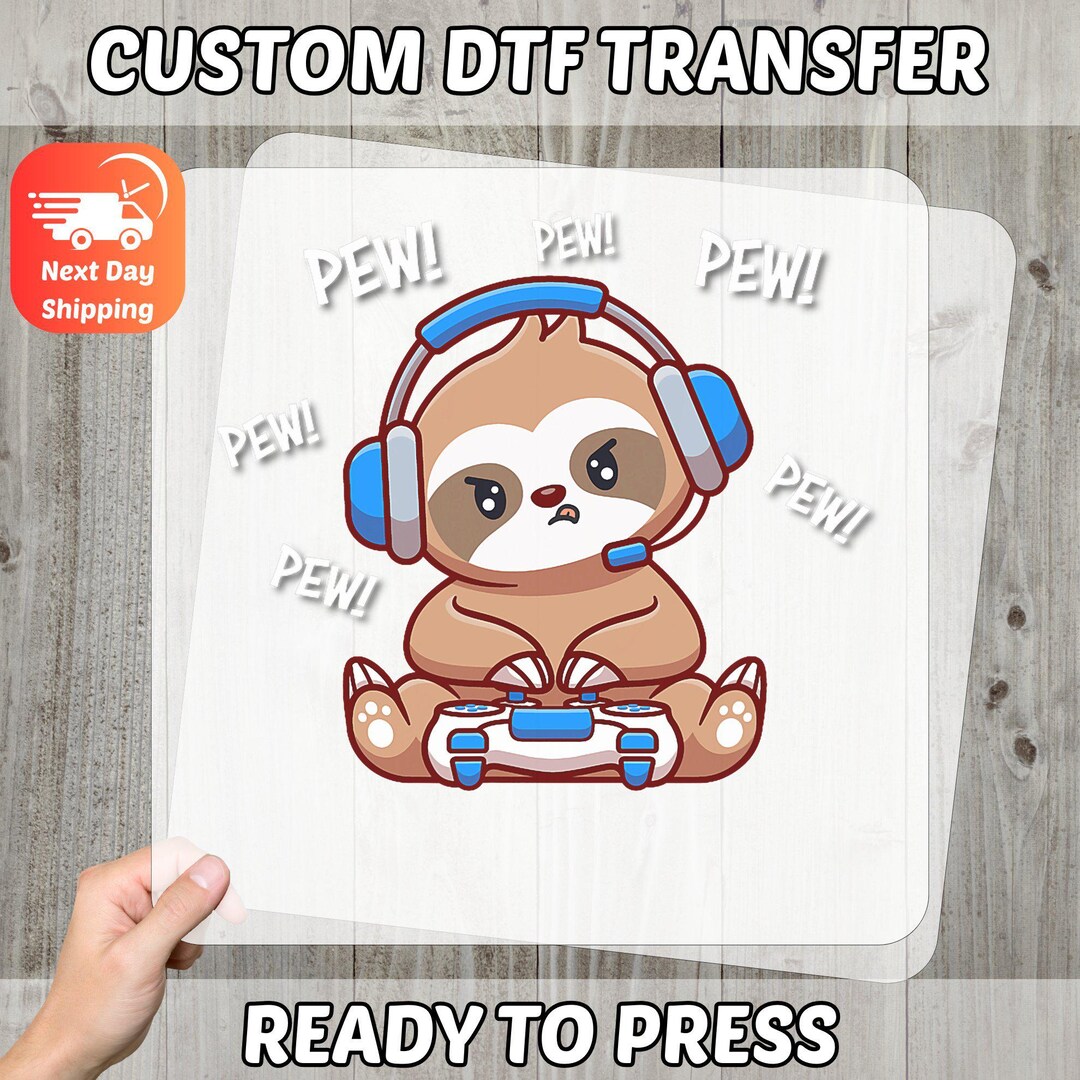 Cute Sloth Gamer Iron-on Decal, PEW! PEW! Gaming Culture Humor, Cute ...