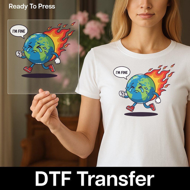Sarcastic Earth on Fire Iron-on Decal, I'M FINE Climate Change Ready to ...