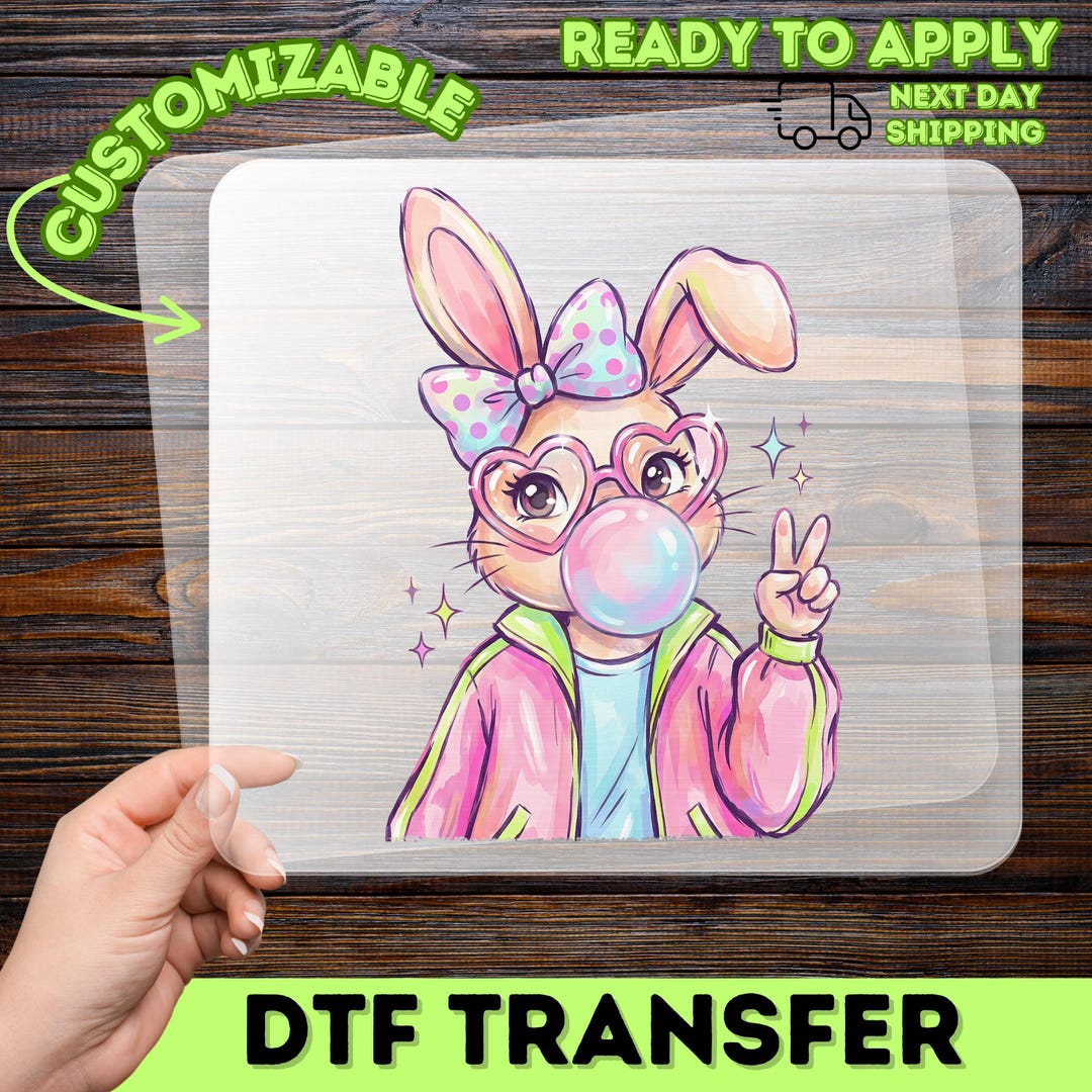 Bunny Peace Sign DTF Transfer, Cute Bubblegum Easter Iron-on Decal ...