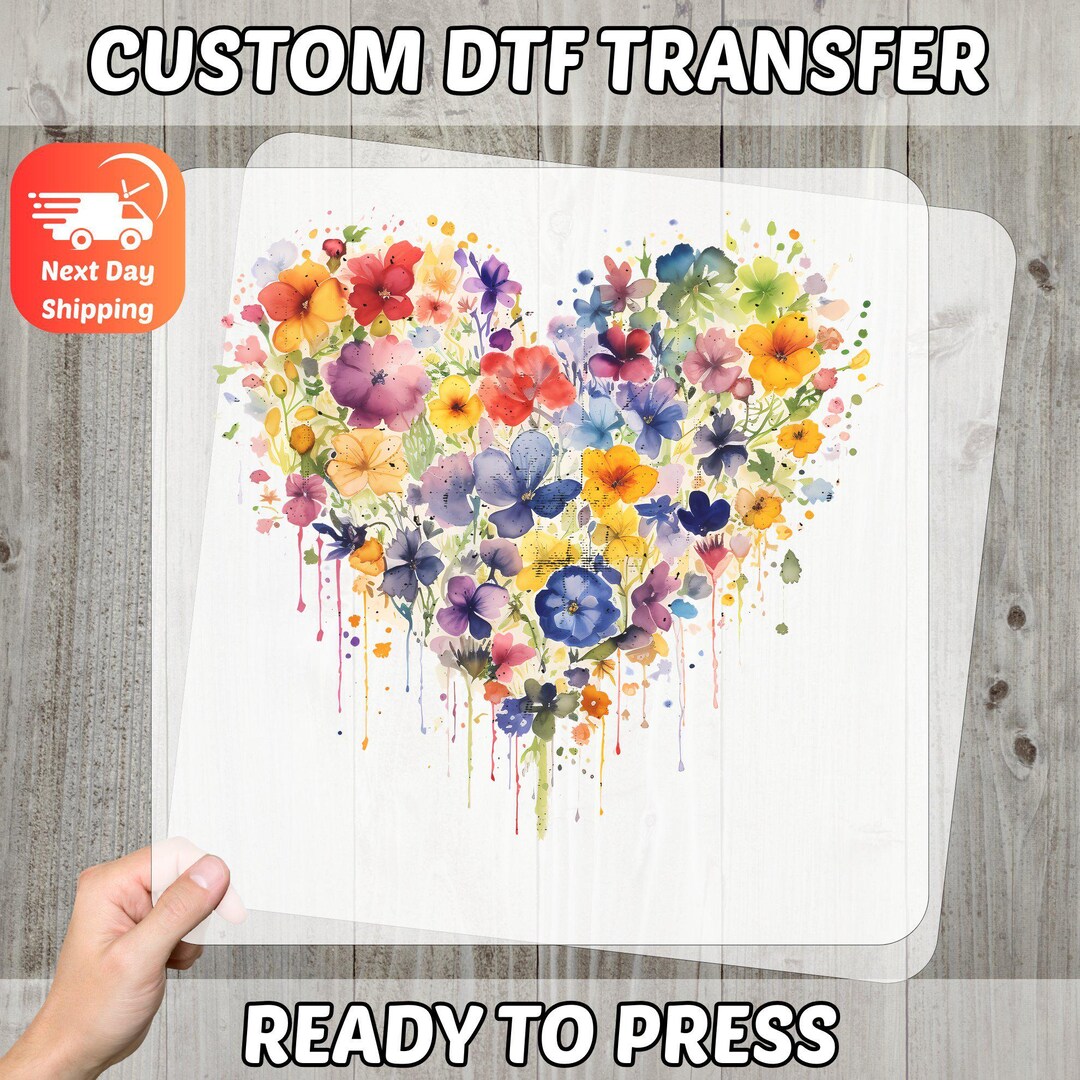 Watercolor Heart Floral DTF Transfer, Romantic Flower Art for Valentine ...