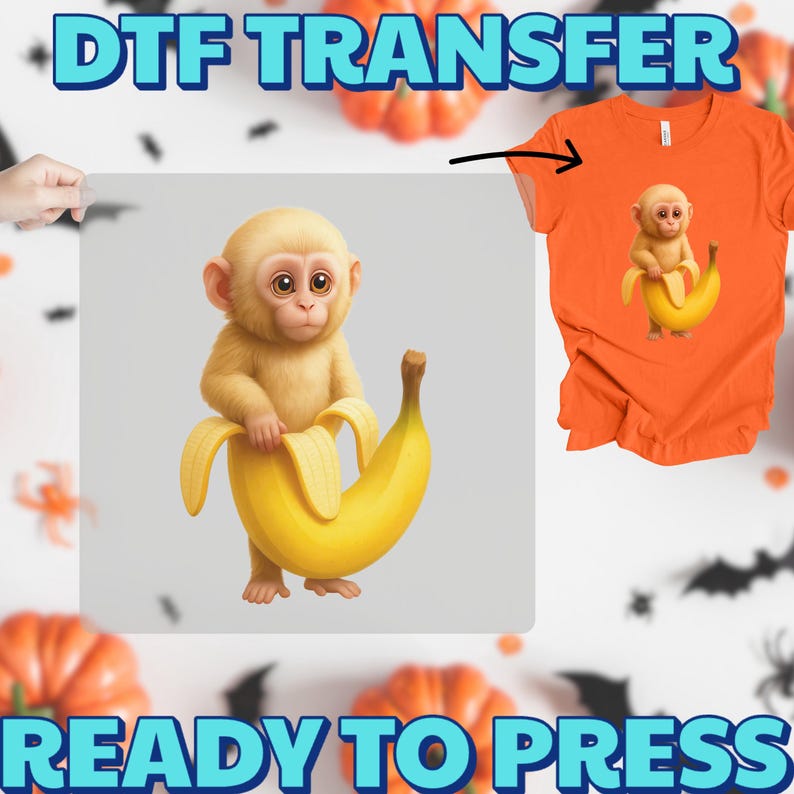 Funny Cartoon Banana Monkey DTF Transfer, Playful Animal Fruit Humor ...