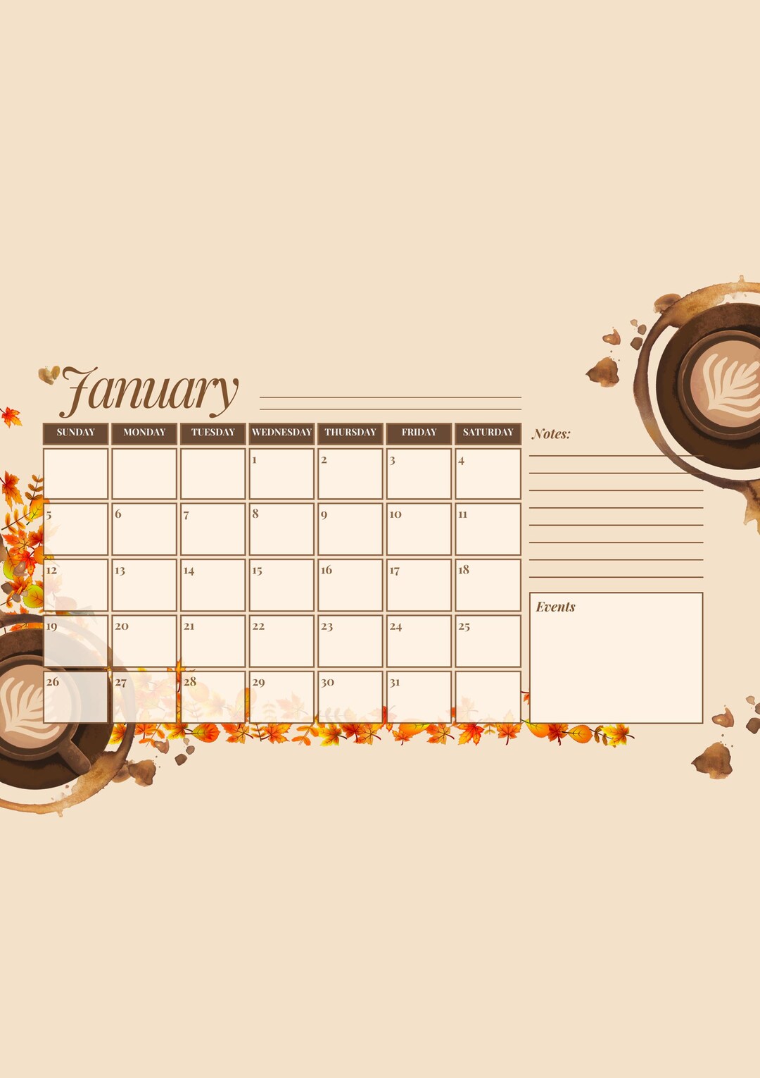 2025 Printable Beige Calendar With Notes Section – Minimalist Wall ...