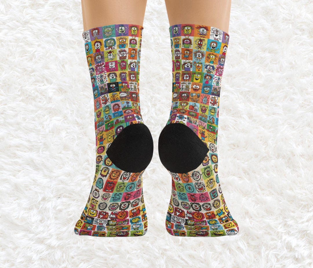 Funny Doodle Cartoon Crew Socks Colorful Pop Art Footwear Back-to ...