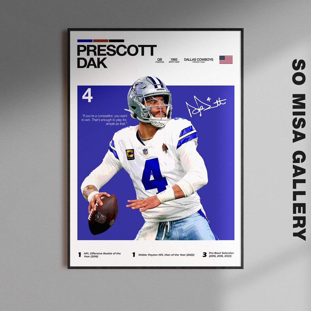 Dak Prescott Poster, Dallas Cowboys Wall Art, NFL Football Print, Dak ...