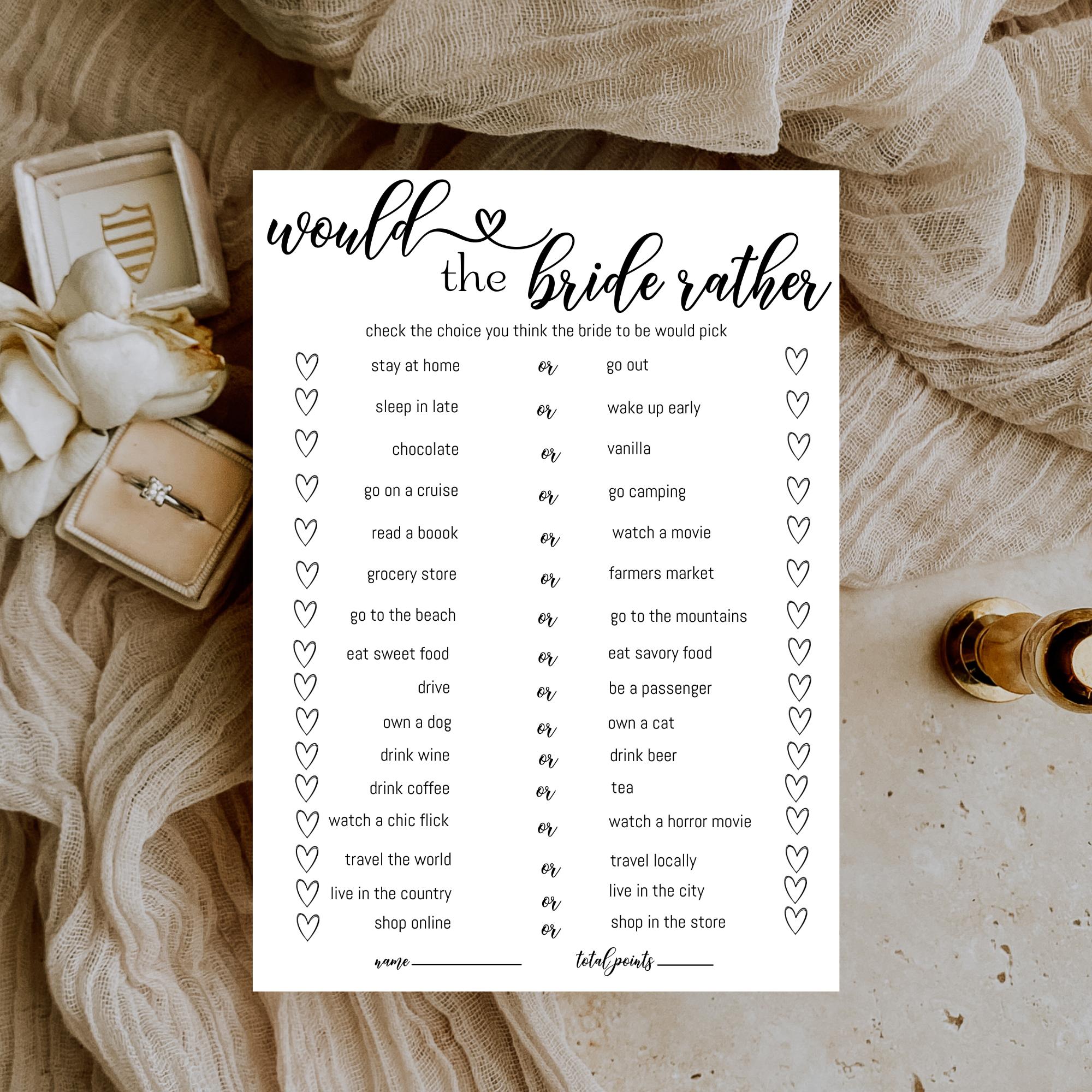 Would She Rather Bridal Shower Game, Would the Bride Rather, Would She ...