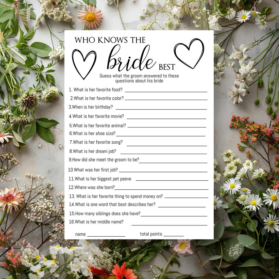 Who Knows the Bride Best Bridal Shower Game, Who Knows the Bride Best ...