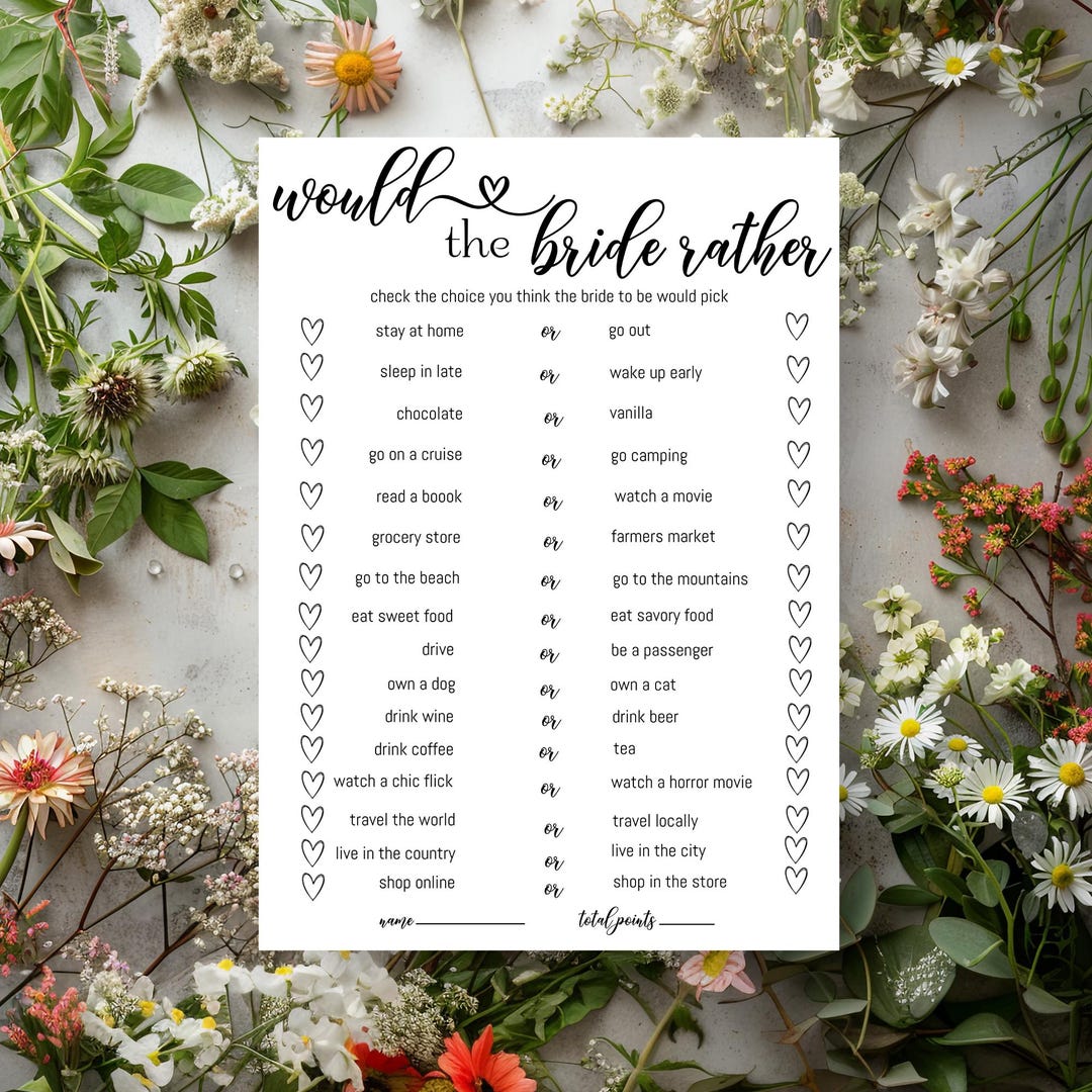 Would She Rather Bridal Shower Game, Would the Bride Rather, Would She ...