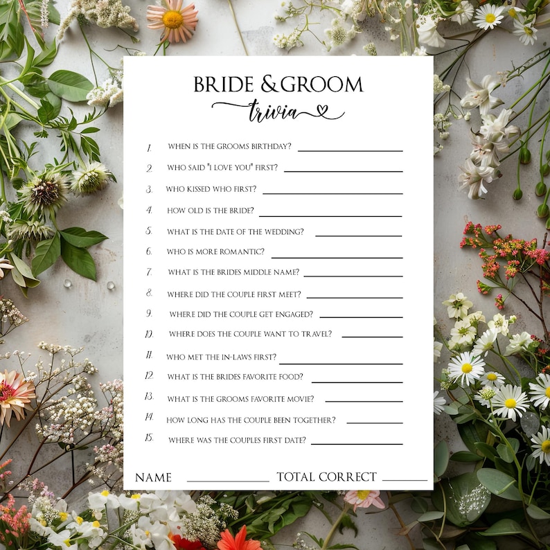 Bride and Groom Trivia Game, Wedding Shower Trivia, Printable Wedding ...