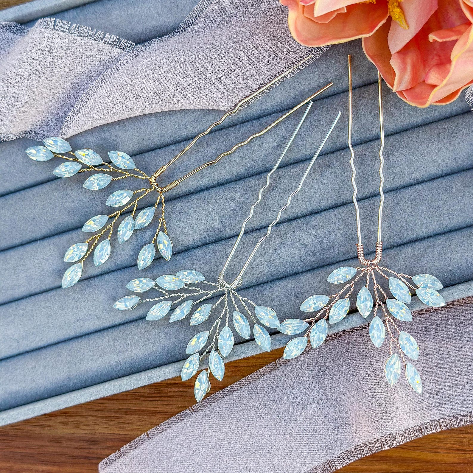 Rose Gold Bridal Hair Pins Blue Opal Crystal Hair Pins Something Blue ...