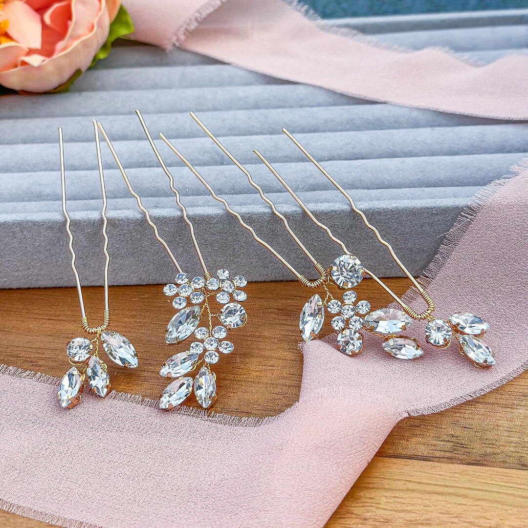 Set of 4 Gold Crystal Bridal Hair Pins: Wedding Hair Accessories for ...
