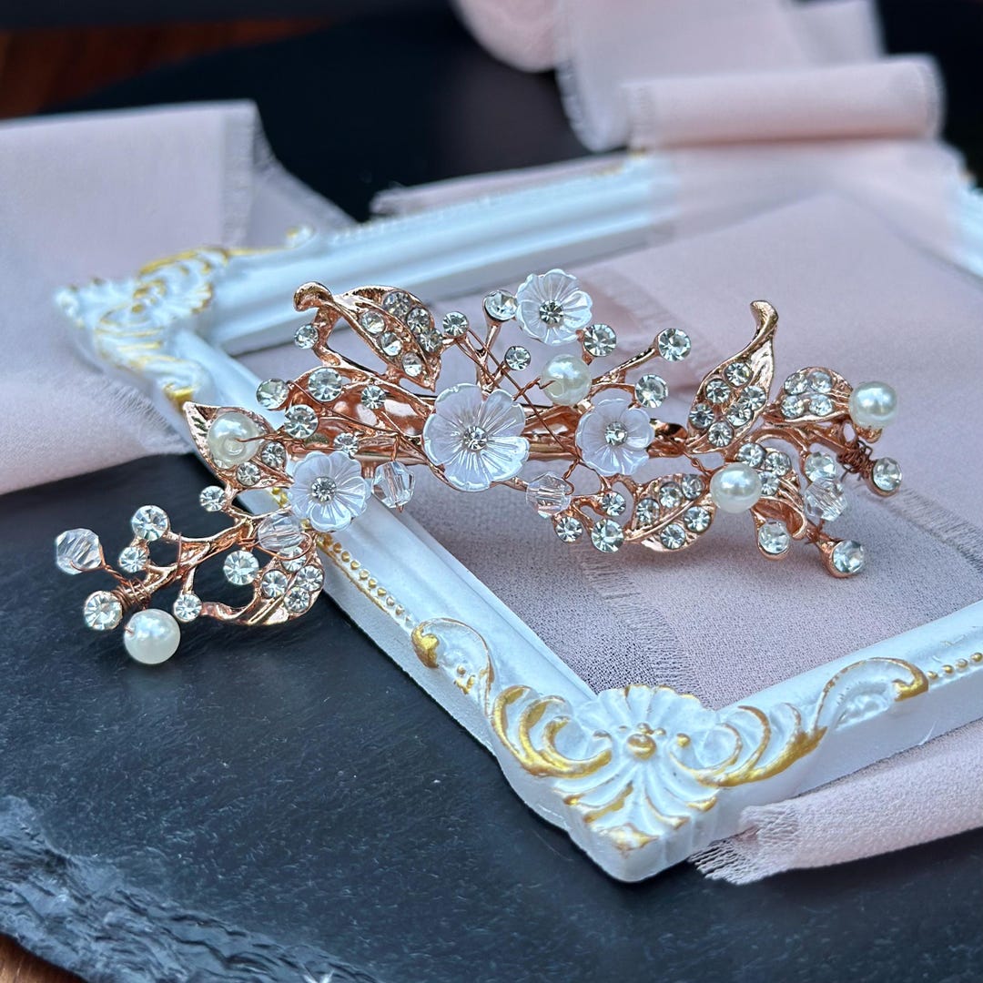 Romantic Rose Gold Hair Clip Bridal Hair Clip With Pearl Wedding Hair ...