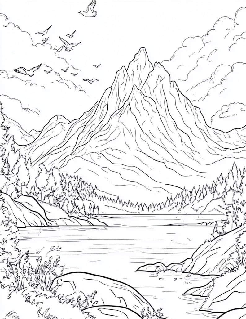 Coloring Pages for Kids and Adults, Mountain Landscapes, Nature ...