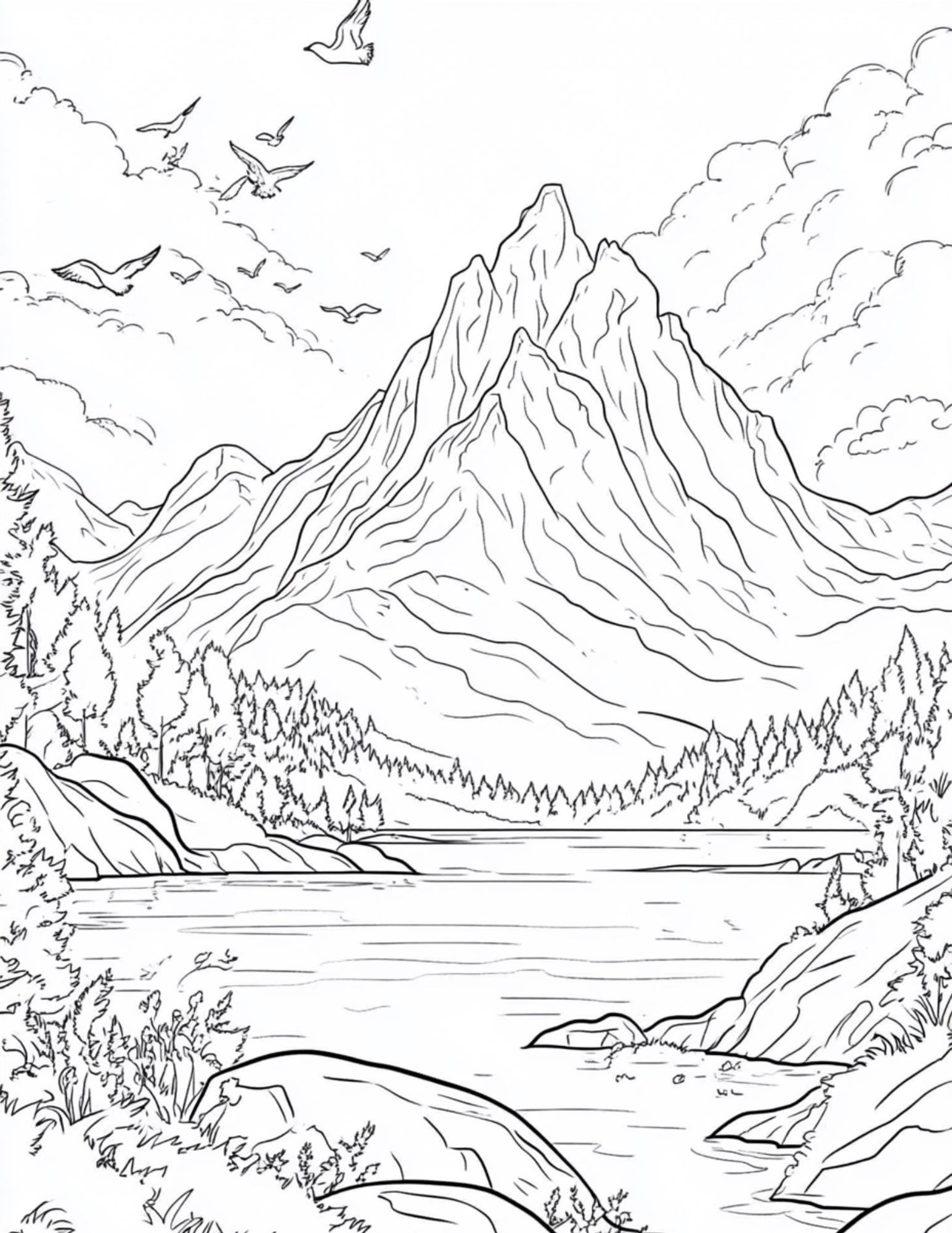 Coloring Pages for Kids and Adults, Mountain Landscapes, Nature ...
